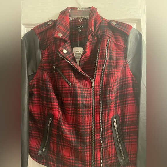 torrid | Jackets & Coats | Torrid Red Black Plaid Mixed Fabric Moto ...